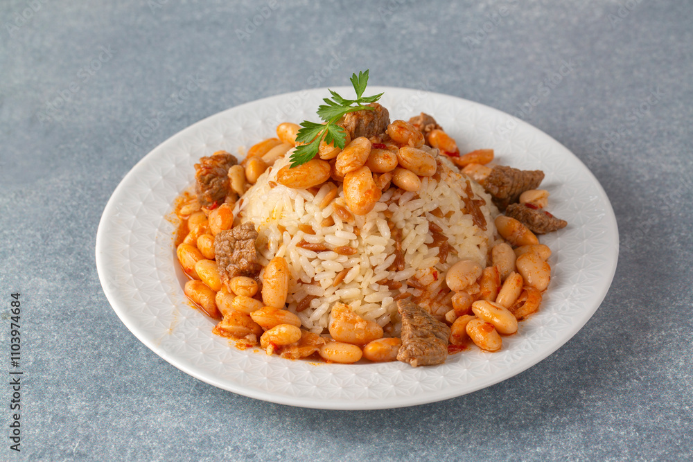 Traditional Turkish cuisine. Kuru Fasulye . Haricot Beans, rice and ...