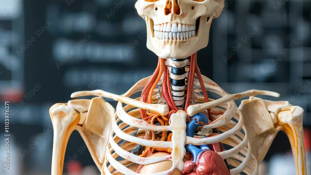 Anatomical model of a human skeleton with visible organs for ...