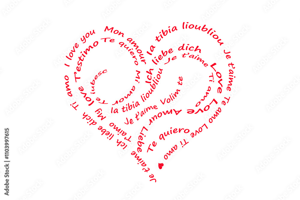 ภาพประกอบสต็อก Calligram I love you written in alll languages, isolated ...