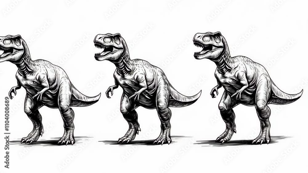 Detailed illustrations of three T-Rex dinosaurs advancing in a natural ...