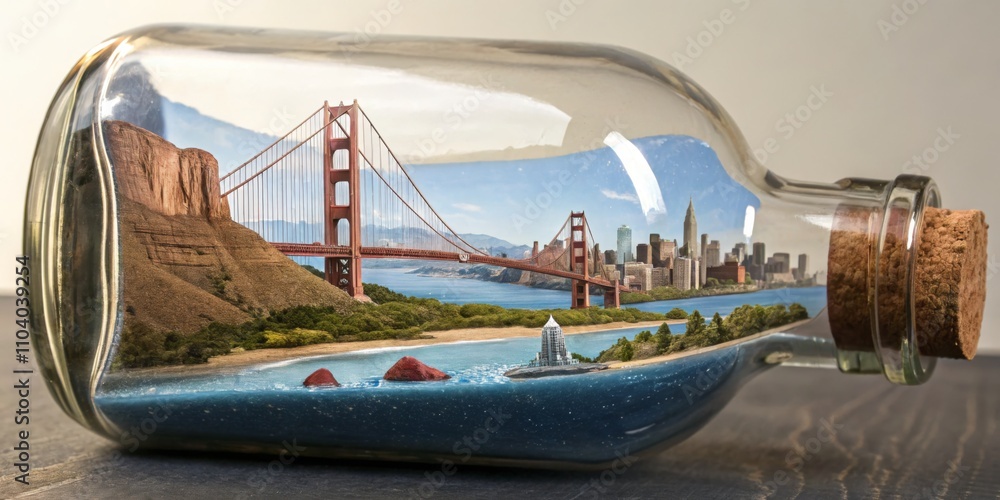 Intricate miniature of Golden Gate Bridge housed in a glass bottle ...