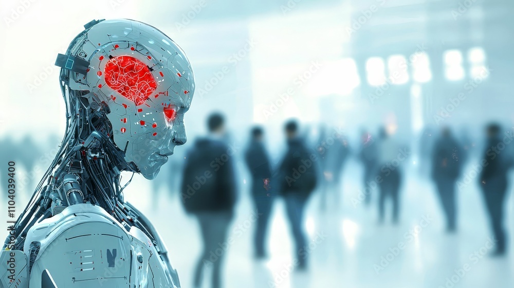 dystopia society concept. A futuristic robot with glowing red features ...