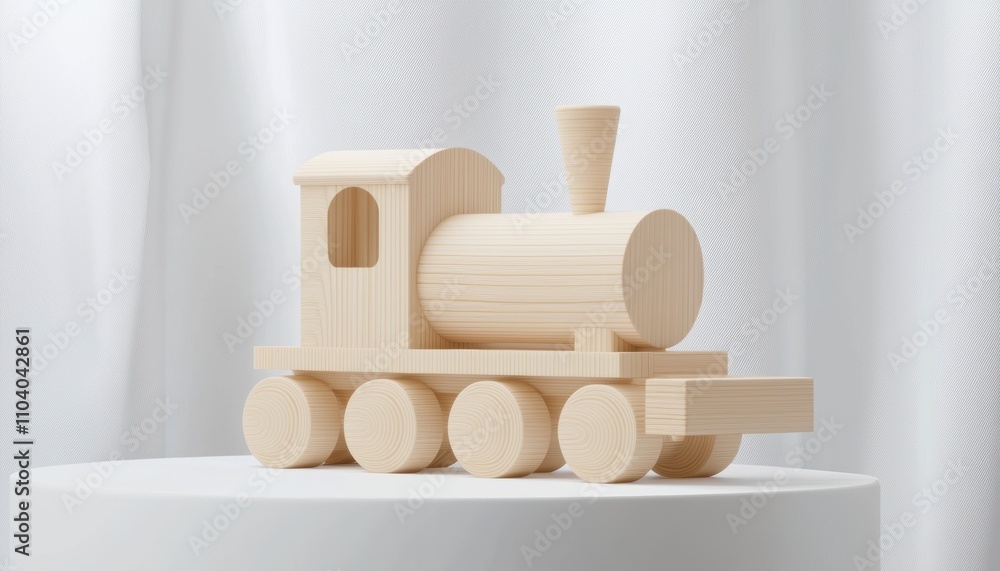 A simple wooden toy train model, crafted from light-colored wood ...