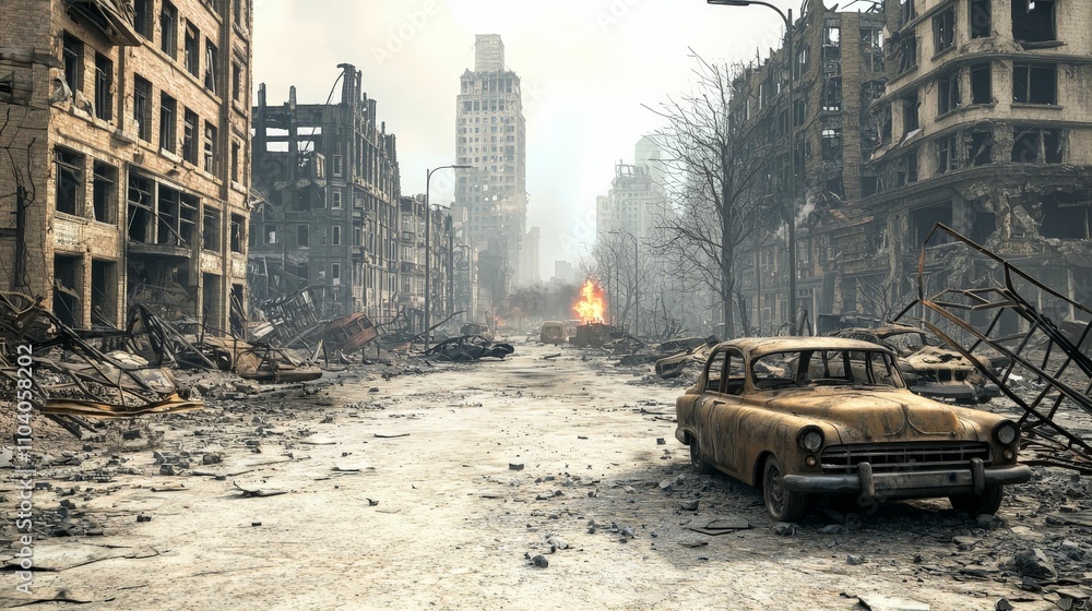 dystopia society concept. A desolate urban landscape with destroyed ...