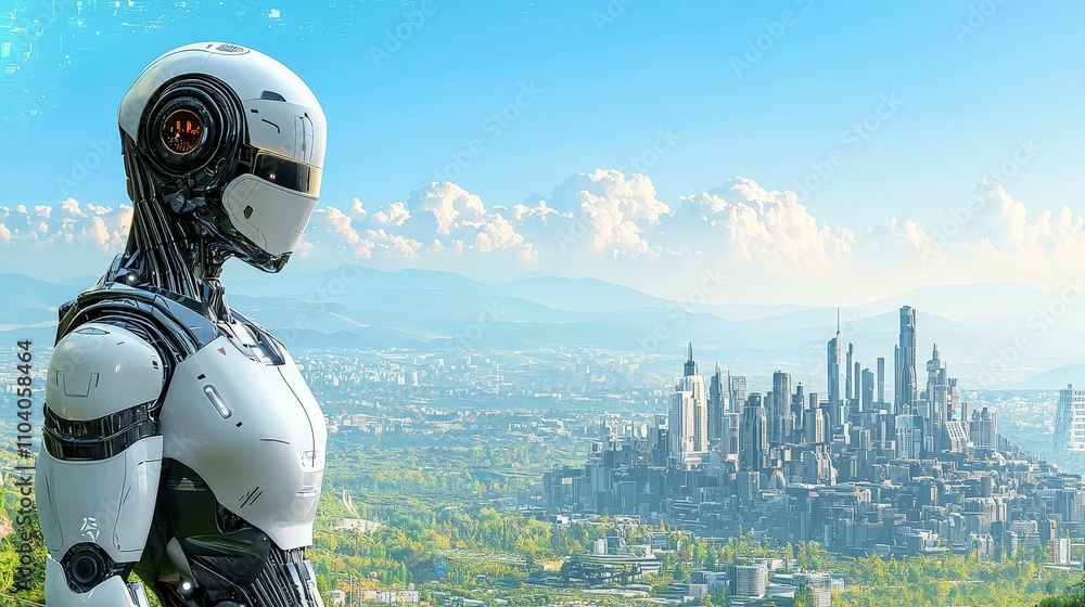 dystopia society concept. A futuristic robot gazes over a sprawling ...