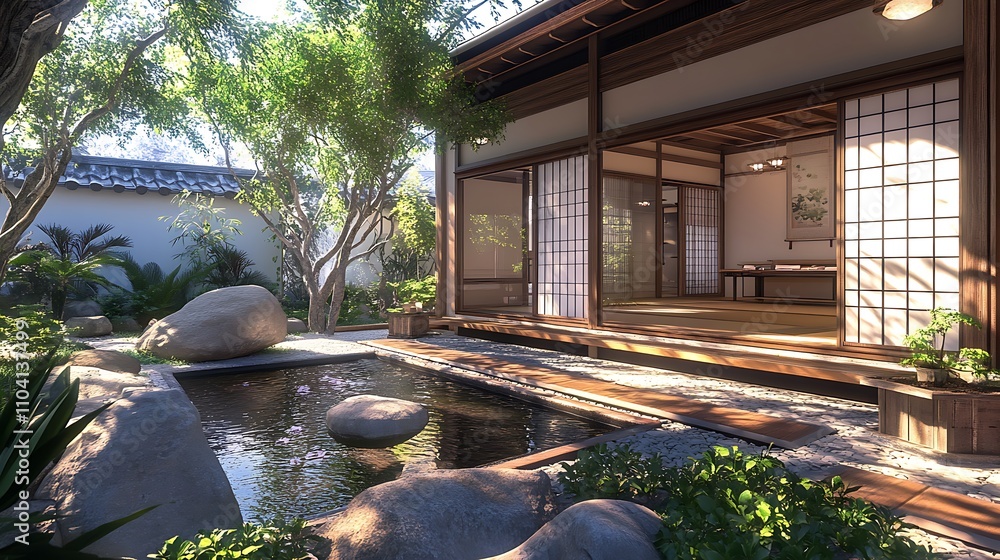 A traditional Japanese house with sliding shoji doors and a zen garden ...