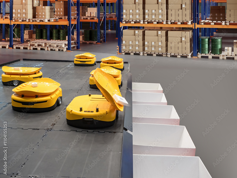 AGV in stock. AMR technologies. Warehouse robots sort parcels into ...