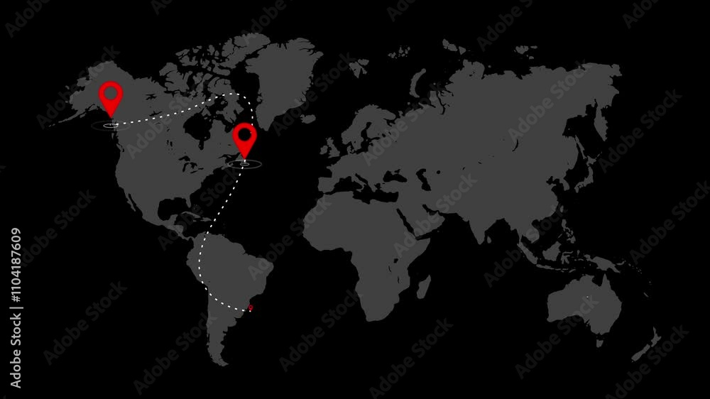 World map travel route location animation on dark background, world map ...