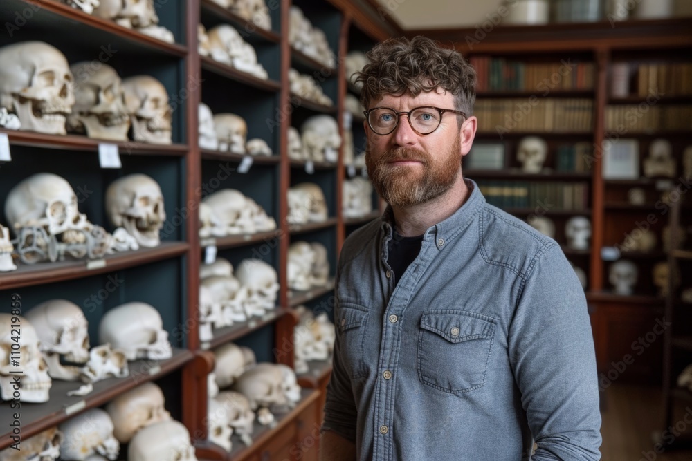 Anthropologist examines human skulls in a historical collection at a ...