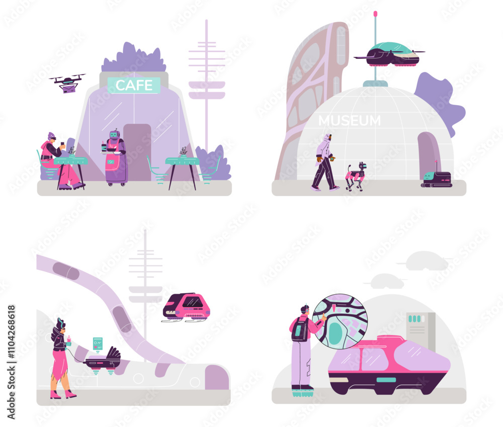 Vector set with a smart city with robot waiter, robot dog, flying ...