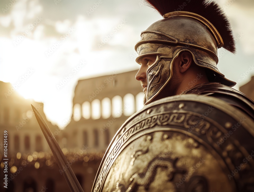 A valiant warrior in intricate armor stands poised in the golden ...