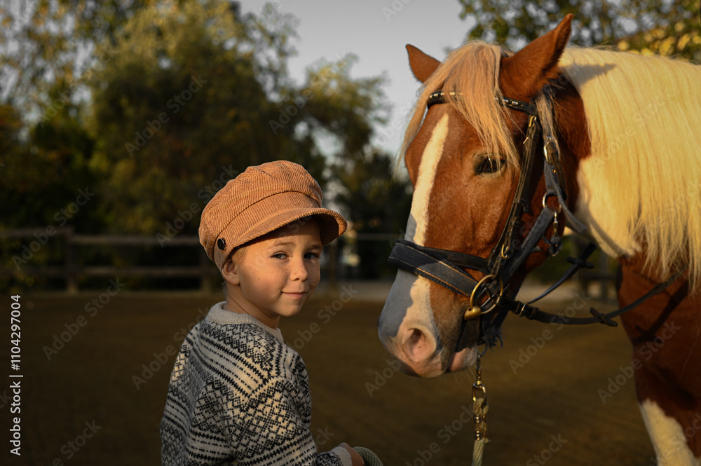 Young boy guiding a horse in a traditional stable, embracing the ...