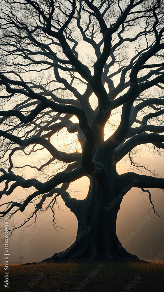 Dramatic, ancient oak tree standing alone in the misty Bialowieza ...