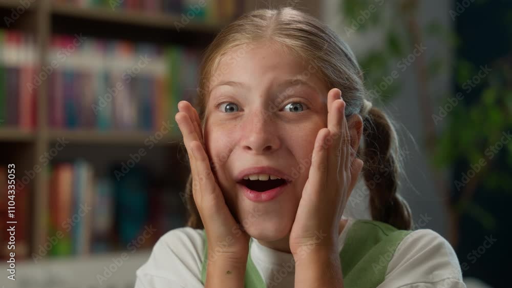 Vidéo Stock Close up shocked amazed Caucasian positive little girl child kid schoolgirl pupil ...