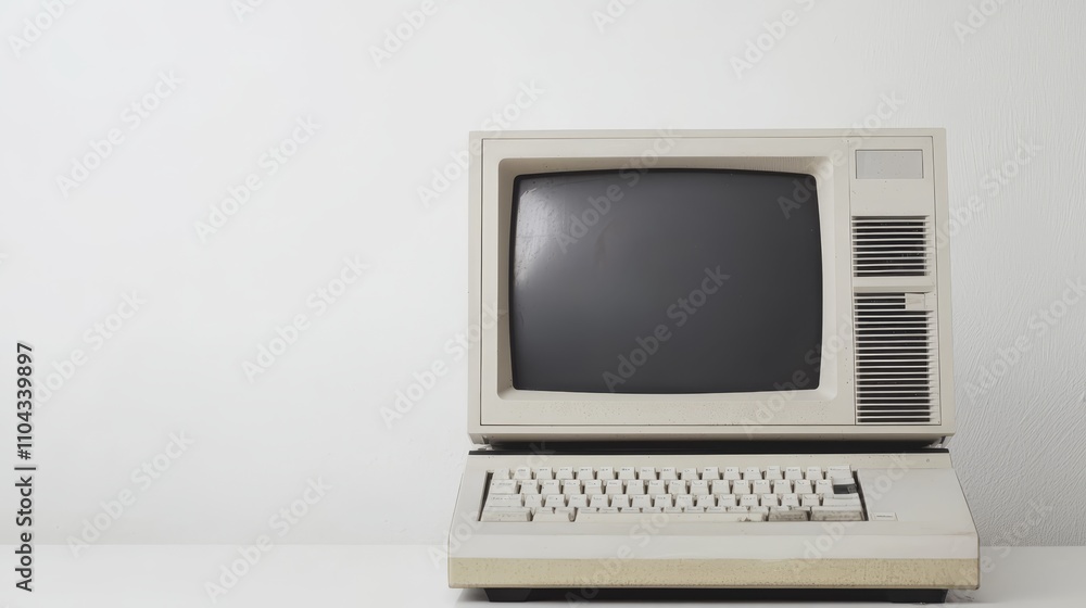 an old computer with a monitor and keyboard sitting on top of a white ...