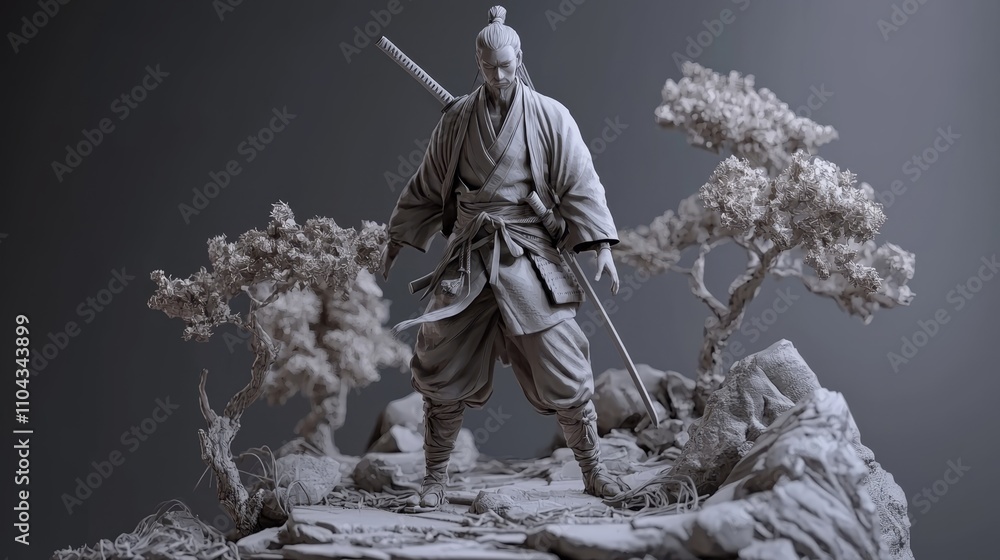 a 3D model of a samurai standing atop a rock, holding a sword in his ...
