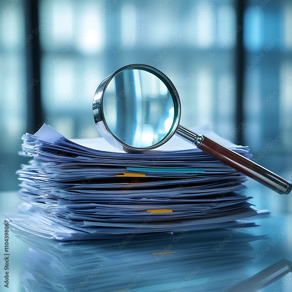 Magnifying Glass Focused on a Stack of Documents. A close-up view of a ...