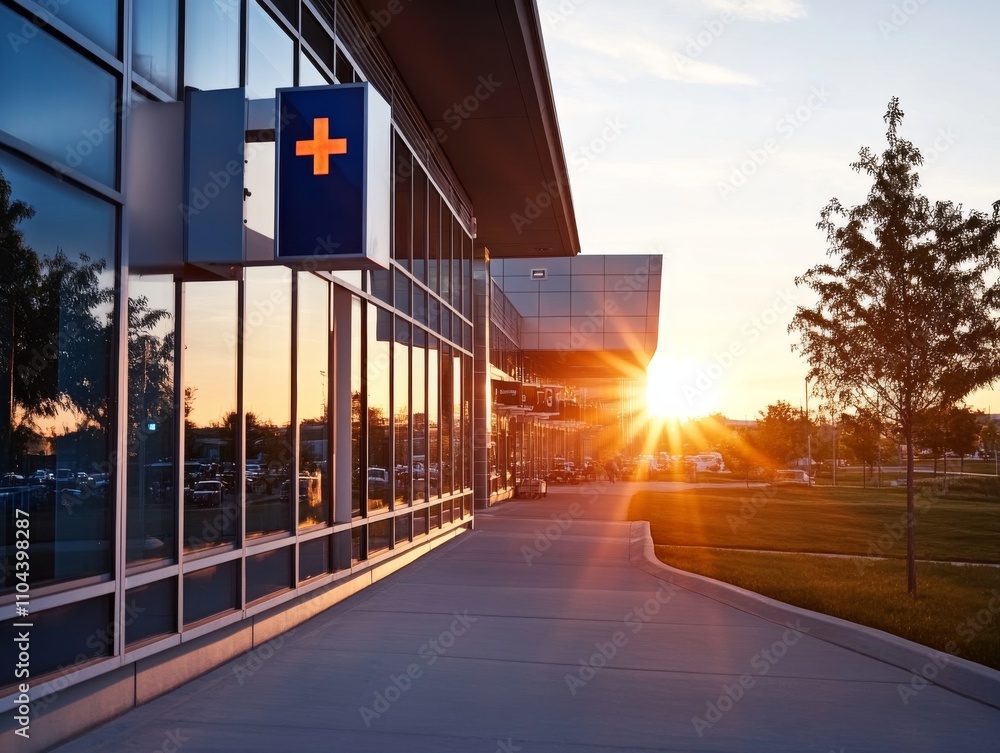 A modern hospital's exterior is illuminated by the warm glow of sunset ...