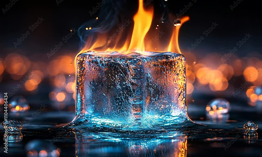 A block of ice with flames on top, creating a striking contrast of fire ...