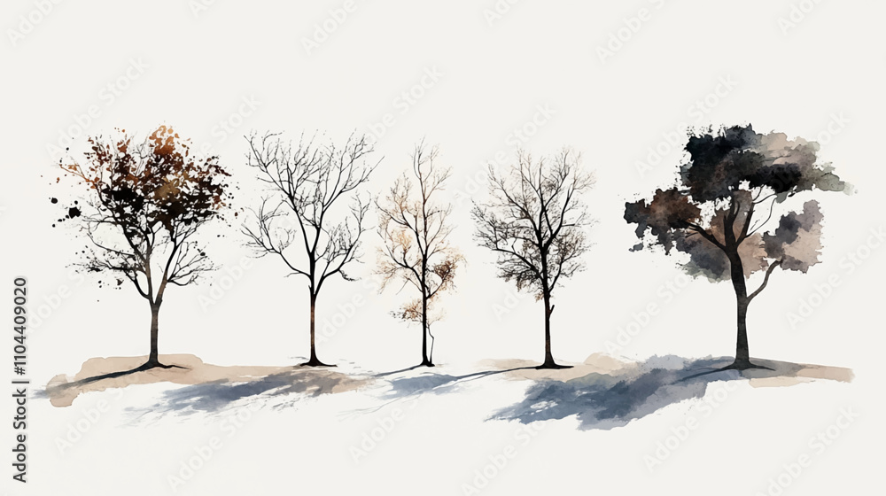 Tree watercolor, Side view green painting, set of graphics trees ...