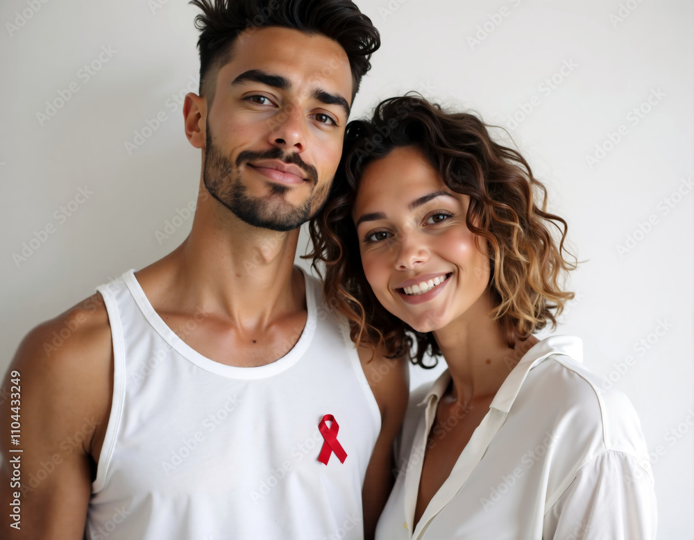 Young man in white top tank with red awareness ribbon with his ...