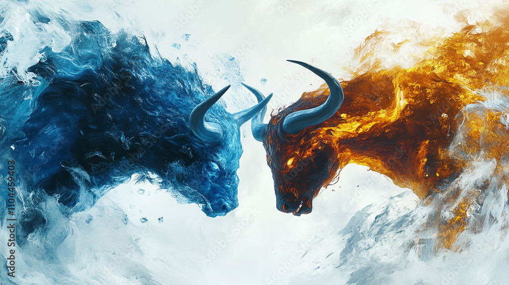 Ice and Fire Bulls Opposing Forces Mythical Creatures Abstract Art ...