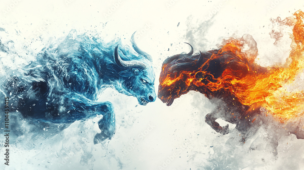 Ice and Fire Bulls Clash Mythical Creatures Fantasy Art Powerful Duel ...