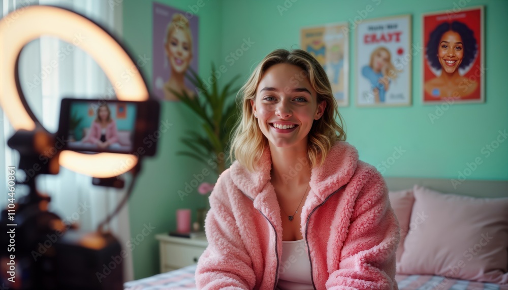 Content creator records video at home. Cozy room with light, posters ...