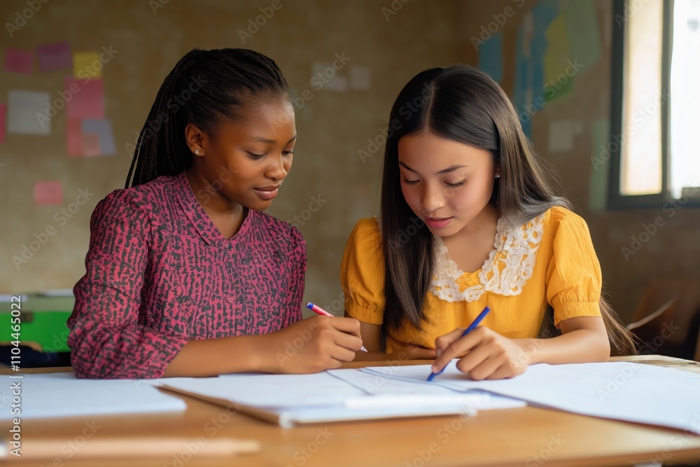Two girls study together. Focused pupils using pens. Education support ...