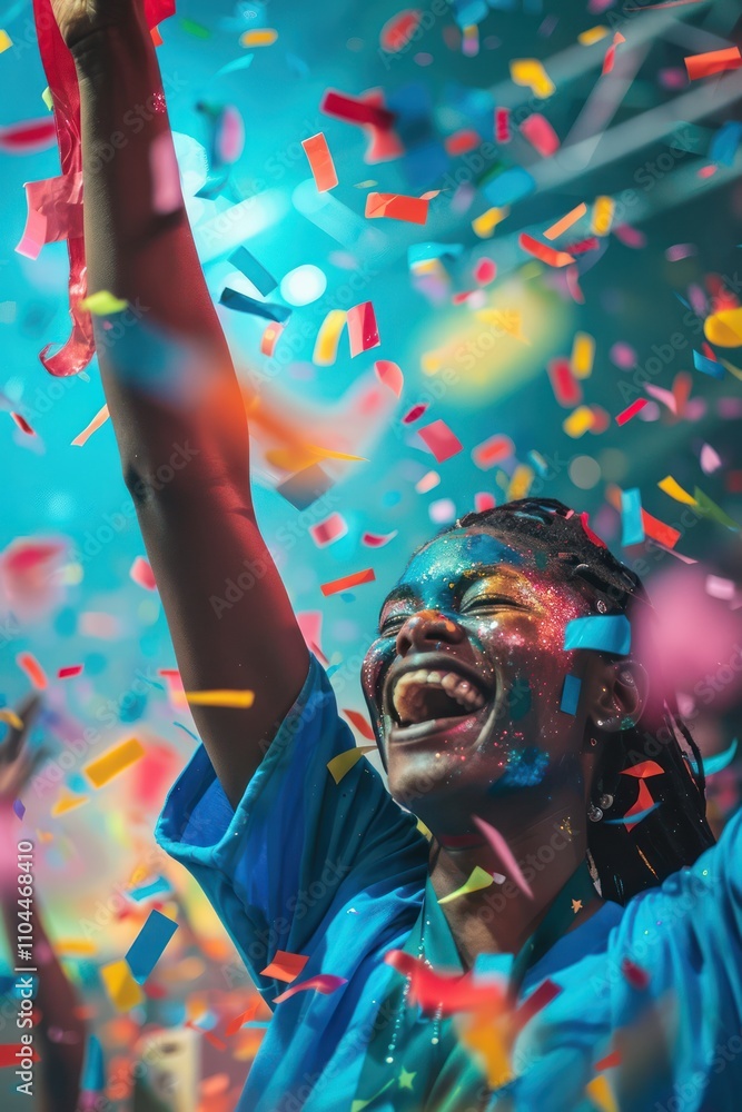 Vibrant celebration scene woman joyous moment with arms raised amidst ...