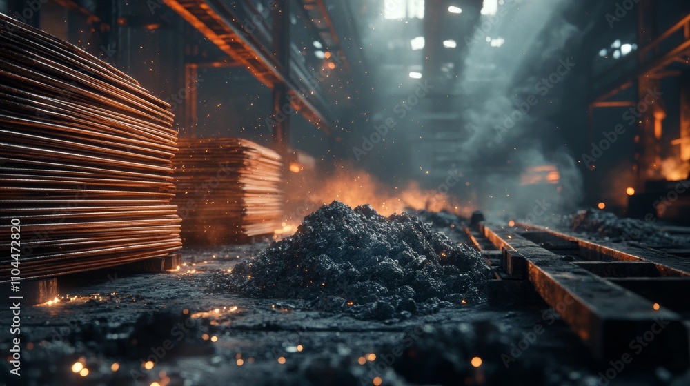 dramatic industrial background with stacks of steel beams, coiled ...