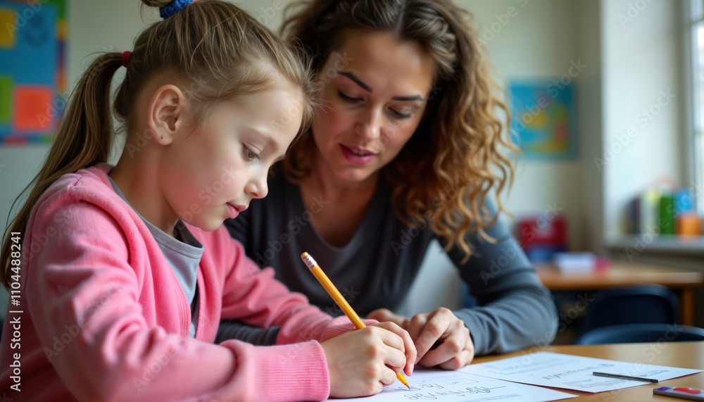 Teacher helps student with math. Girl focuses on math problem. Teacher ...