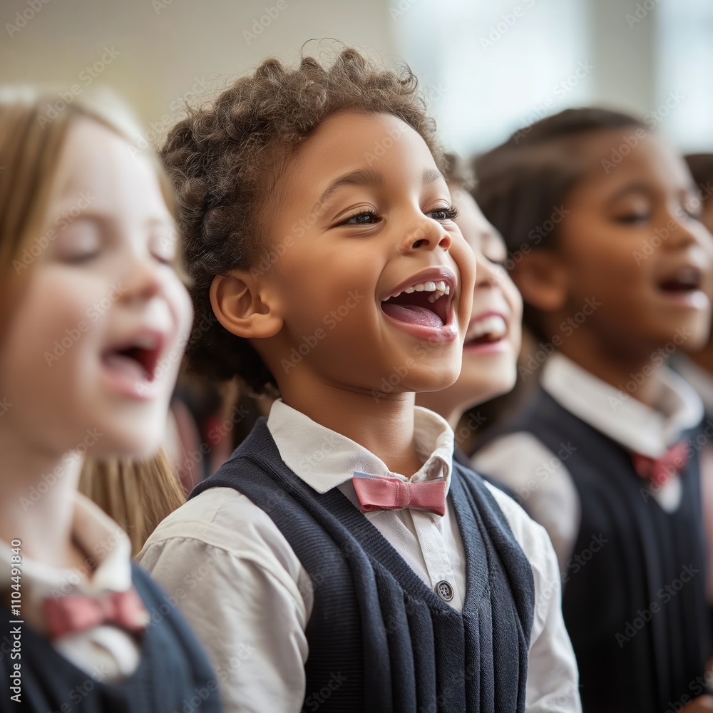 Elementary school kids sing in choir. Children joyfully sing in class ...
