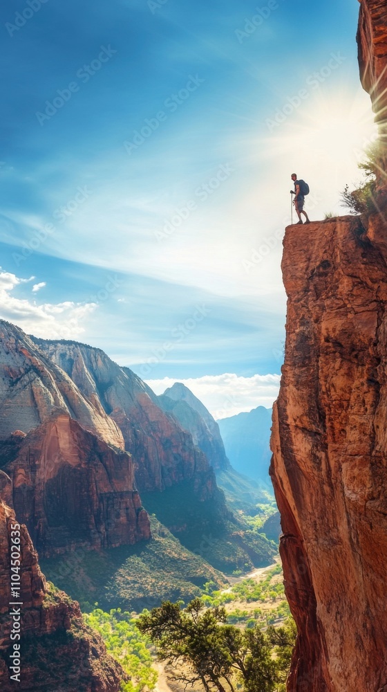 Adventurer climbing a cliff overlooking a massive canyon, intense ...
