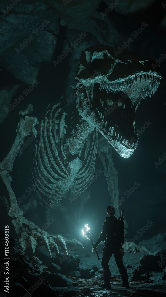 Ancient dragon skeleton in a dark cave, dim torch light, anime ...