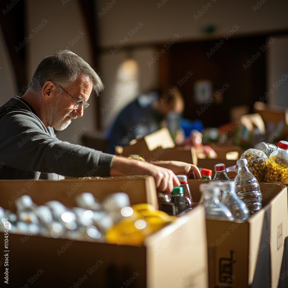 Mature man volunteers at community center. Sorts donated food, drinks ...