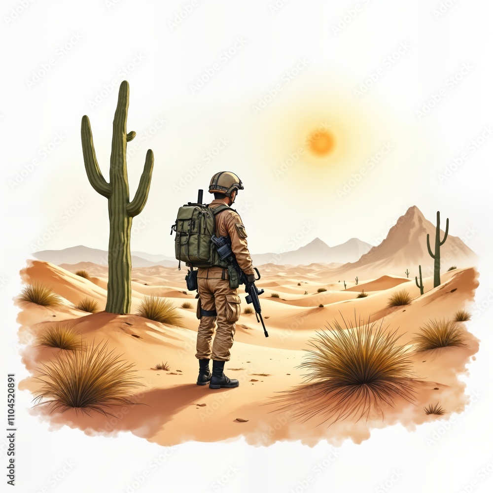Military personnel stands in desert landscape. Soldier watches horizon ...