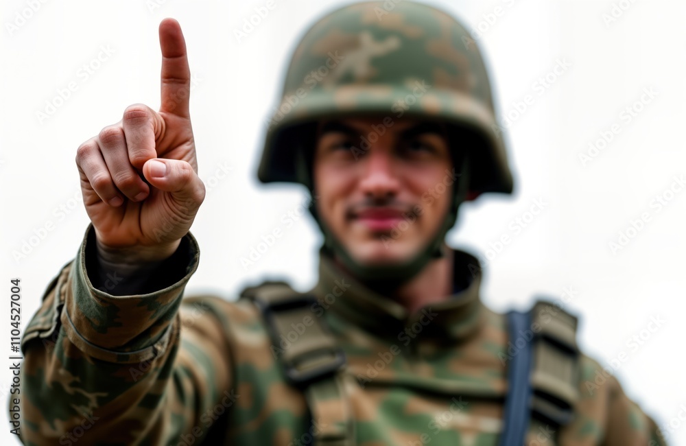 Military soldier showing approval by raising finger. Man in army ...