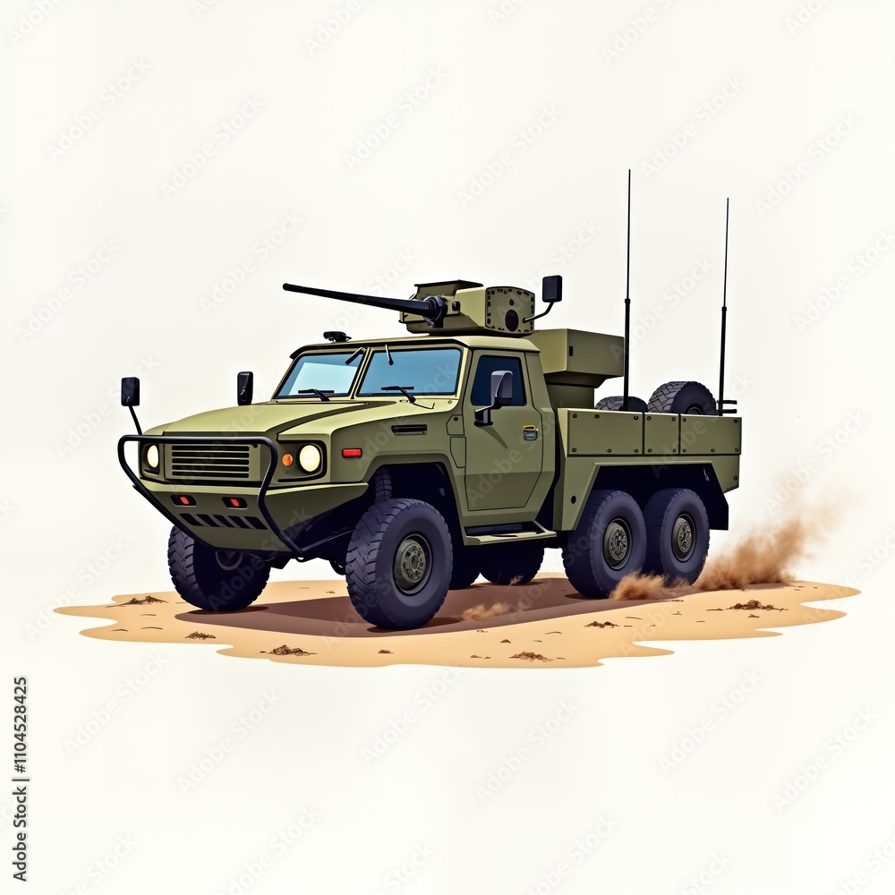 Military vehicle moves over desert sand. Army truck multiple large ...