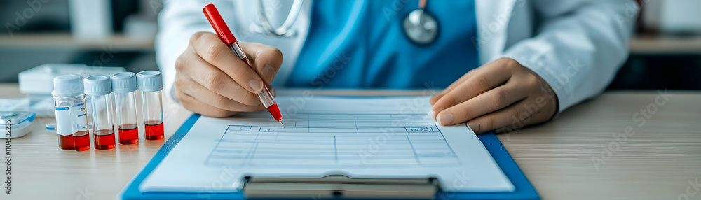 Doctor meticulously documenting blood test results on a medical form ...