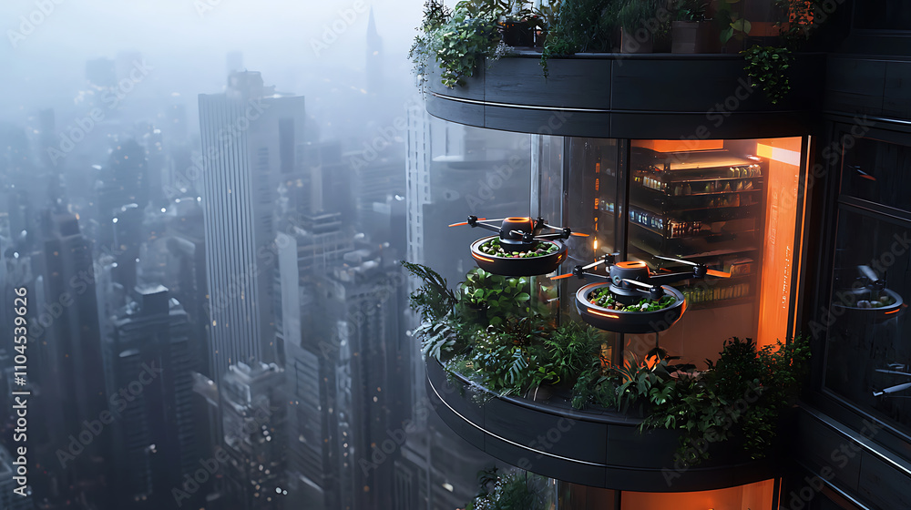 futuristic cyberpunk scene featuring AI powered drones delivering goods ...