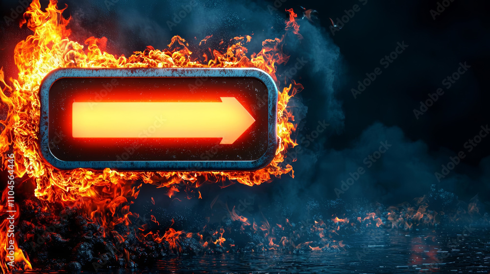 Fire alarm manual system. glowing arrow sign points right amidst flames ...