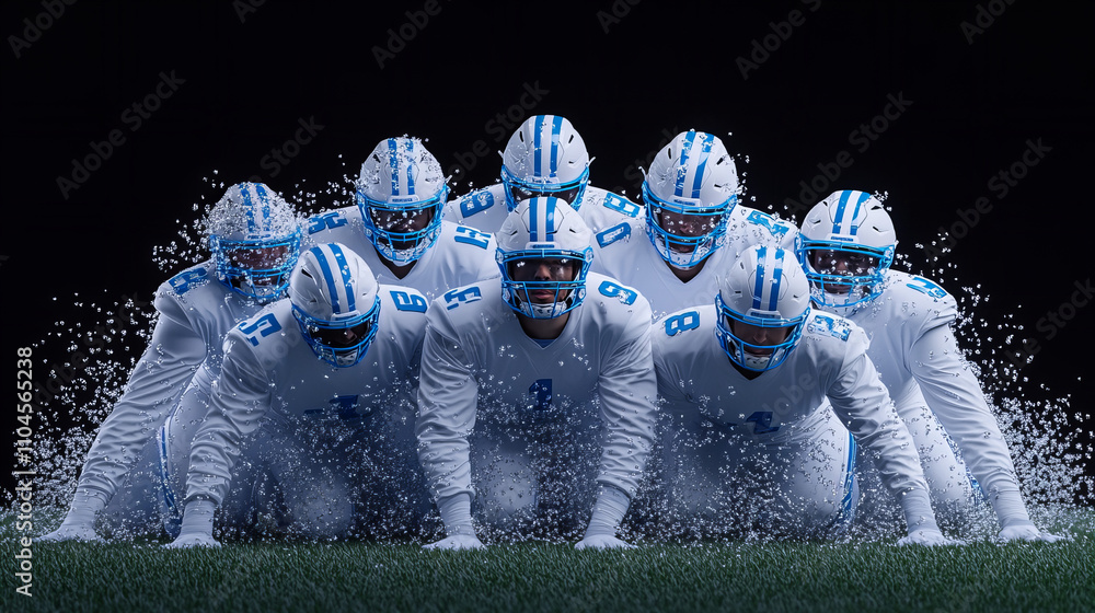 Team of football players together in blue uniforms preparing for action ...