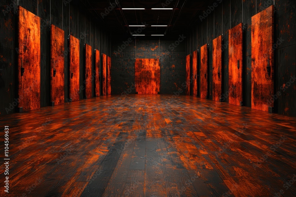 A dramatic interior space featuring dark walls and vibrant orange ...