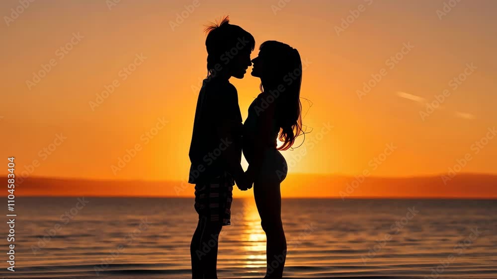 Beautiful sunset scene at the beach with a boy and girl standing in the ...