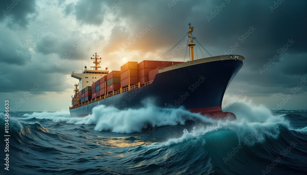 Cargo ship battles turbulent sea. Waves crash around massive vessel ...