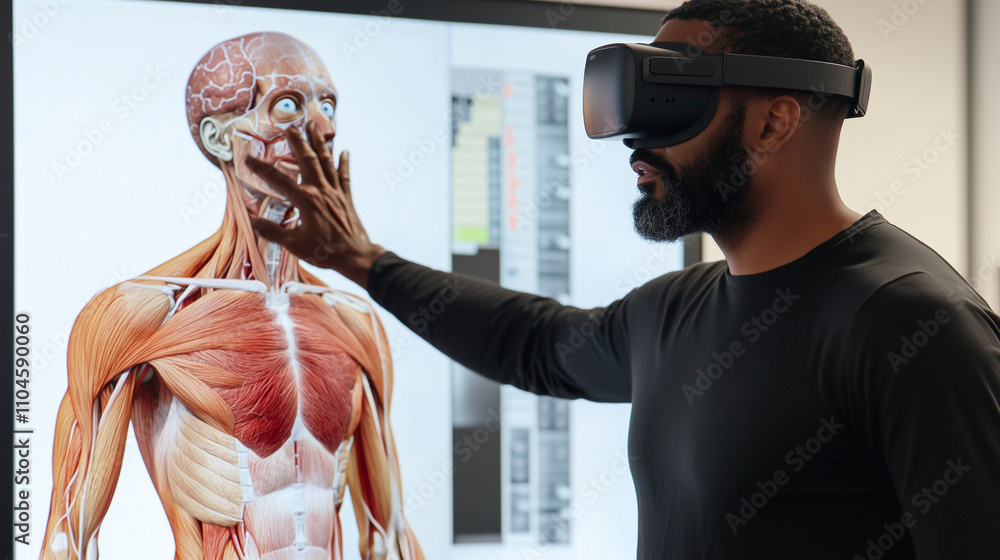 A man uses a VR headset to interact with a detailed 3D model of the ...