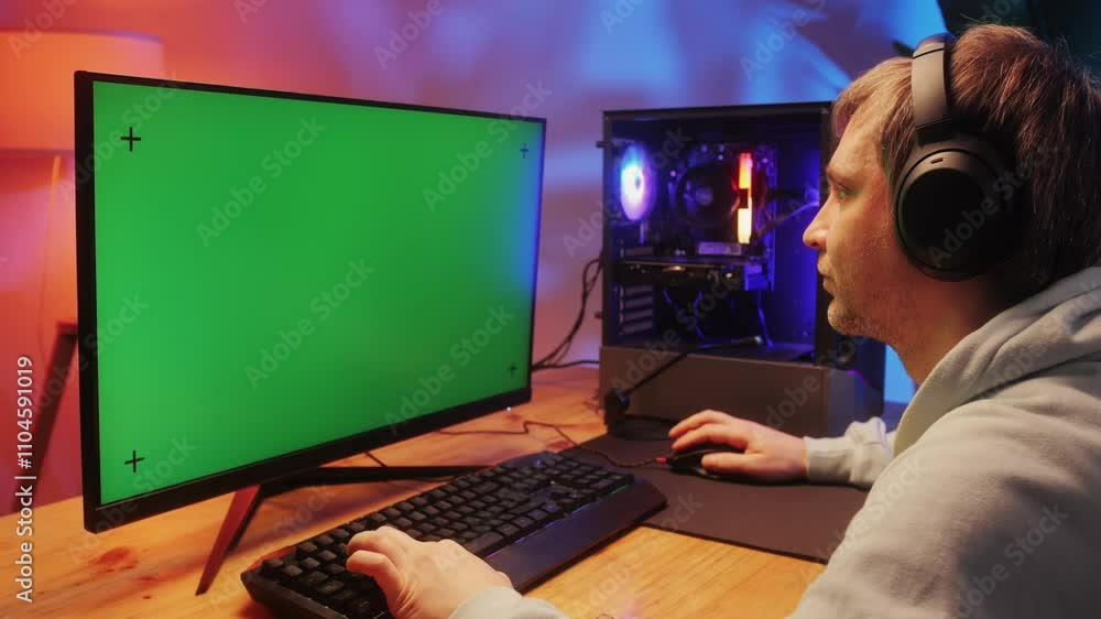 Video Stock Computer with chroma key green screen on monitor. Gamer man ...