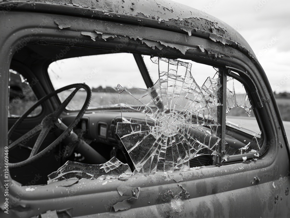 Car with a shattered windshield and a spider web on the side. The car ...