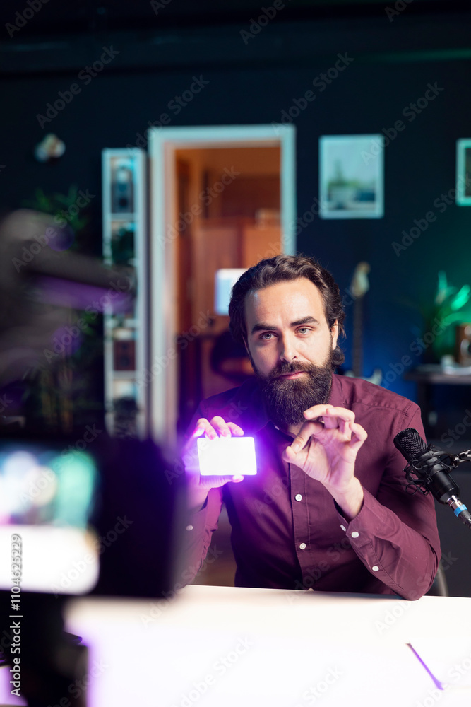 Influencer presenting mini led lights during live broadcast, recording ...